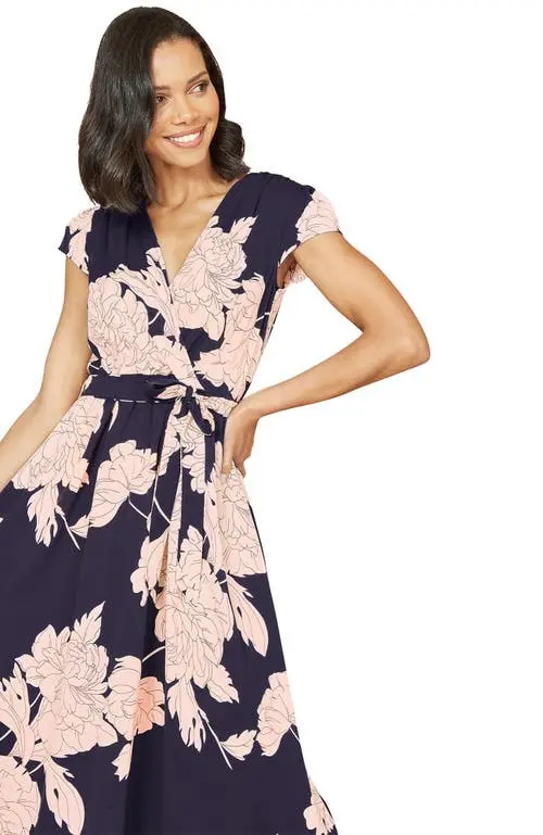 YUMI Blossom Print Dipped Hem Wrap Midi Dress - Navy