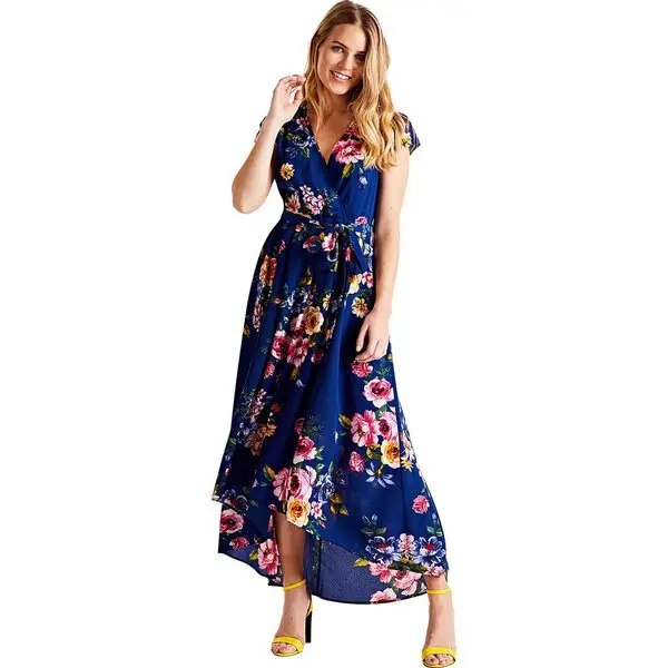 YUMI Floral Print Dipped Hem Wrap Midi Dress - Navy