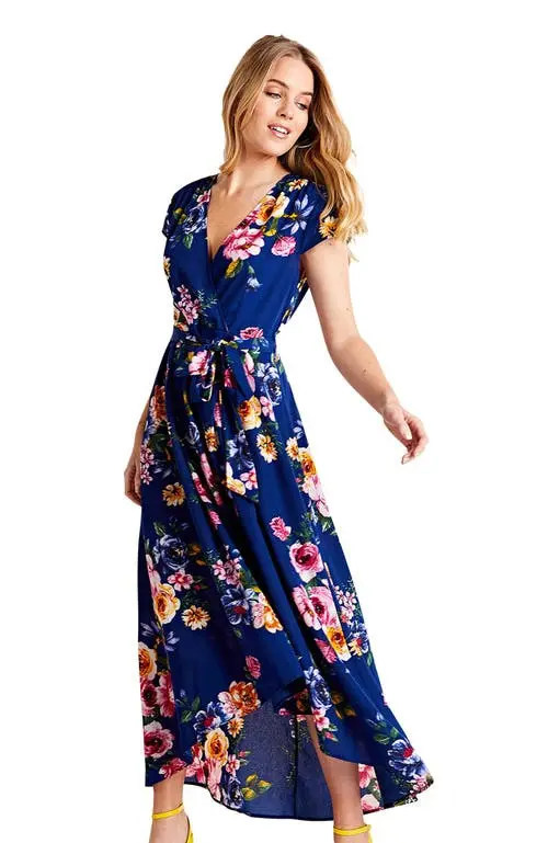 YUMI Floral Print Dipped Hem Wrap Midi Dress - Navy