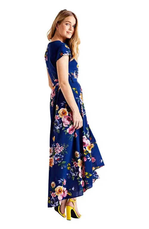 YUMI Floral Print Dipped Hem Wrap Midi Dress - Navy