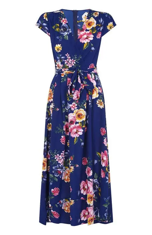 YUMI Floral Print Dipped Hem Wrap Midi Dress - Navy