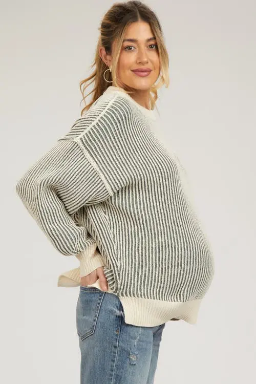 PINKBLUSH Ribbed Balloon Sleeve Sweater - Olive Green