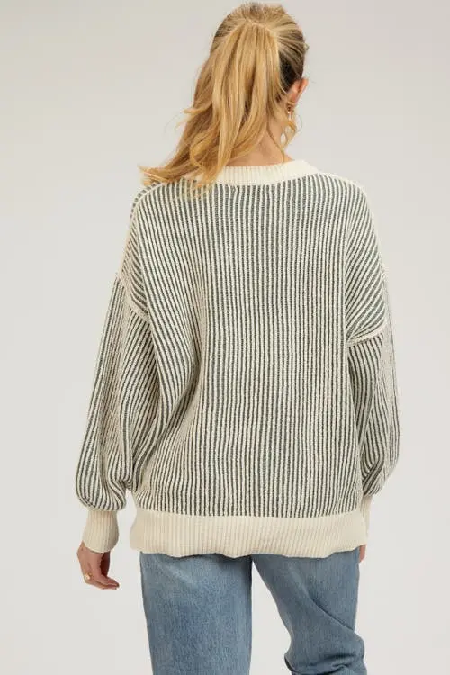 PINKBLUSH Ribbed Balloon Sleeve Sweater - Olive Green