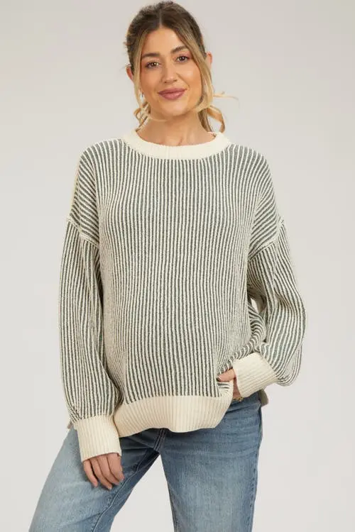 PINKBLUSH Ribbed Balloon Sleeve Sweater - Olive Green