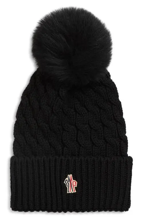 Moncler Cable Knit Virgin Wool Beanie With Faux Fur Pom - Black