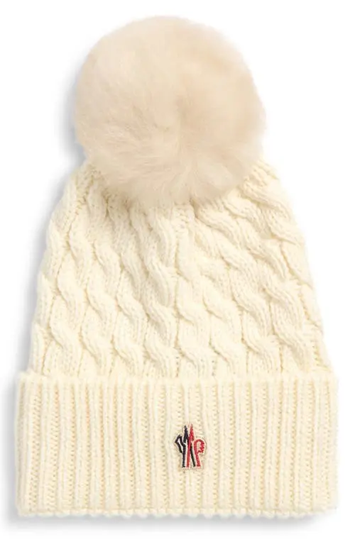 Moncler Cable Knit Virgin Wool Beanie With Faux Fur Pom - Off White