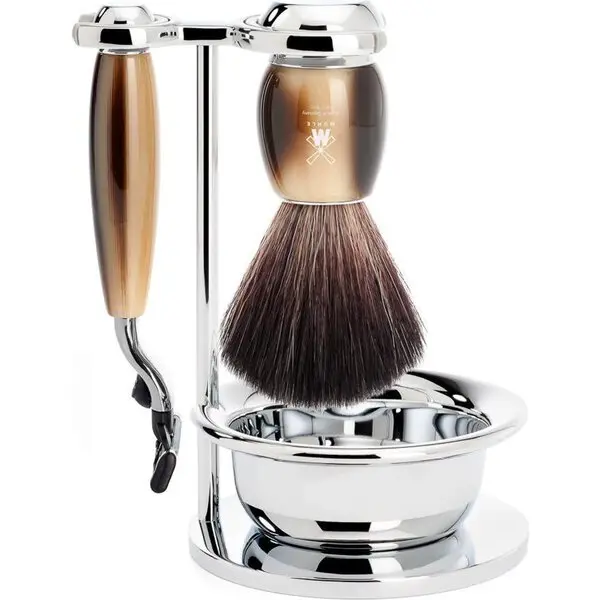 MUHLE Vivo 4-piece Black Fiber & Mach-3 Shaving Set - Brown Horn