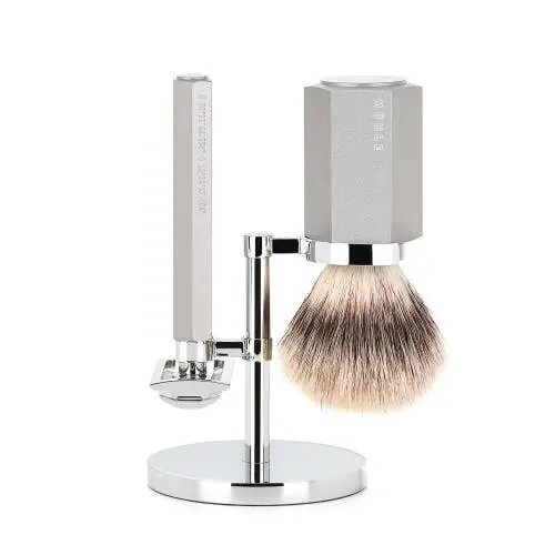 MUHLE Hexagon Anodized Tip Fiber 3-piece Shaving Set - Silver