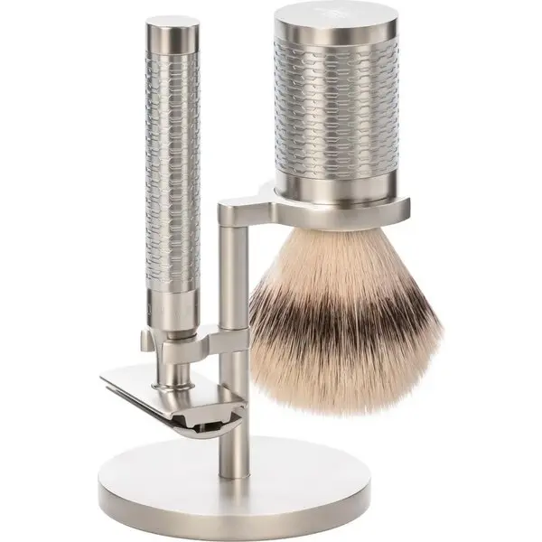 MUHLE Rocca Matt Stainless Steel 3-piece Tip Fiber & Safety Razor Shaving Set - Silver