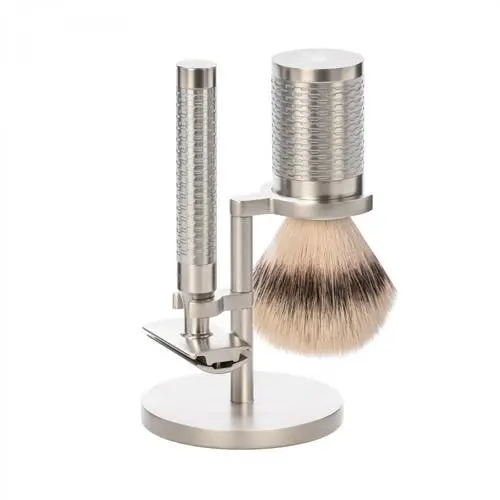 MUHLE Rocca Matt Stainless Steel 3-piece Tip Fiber & Safety Razor Shaving Set - Silver