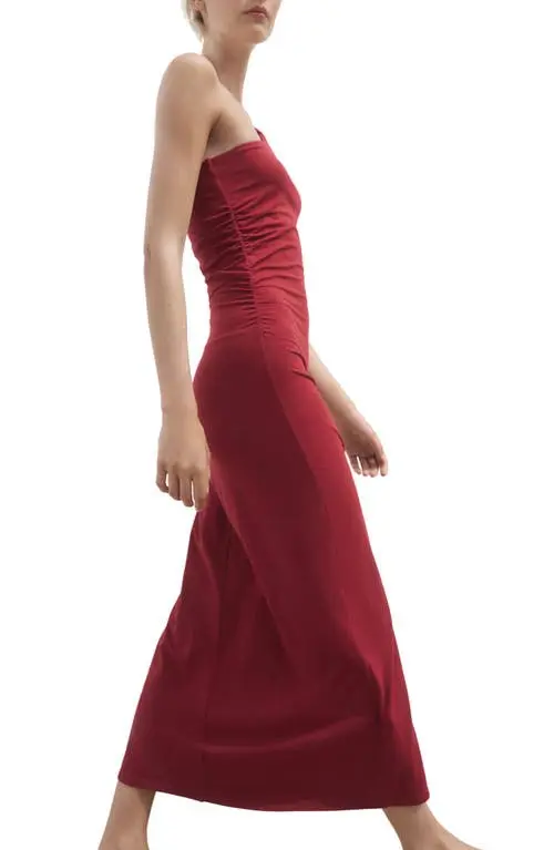 Mango Ruched One-shoulder Maxi Dress - Burgundy