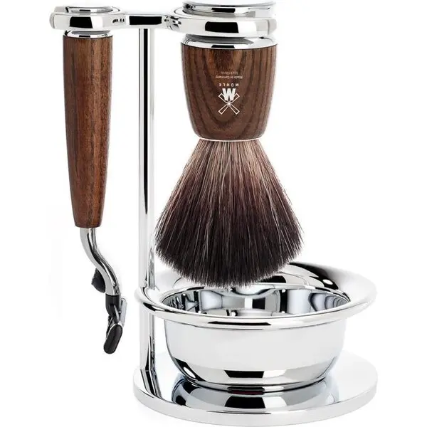 MUHLE Rytmo 4-piece Black Fiber & Mach-3 Shaving Set - Steamed Ash