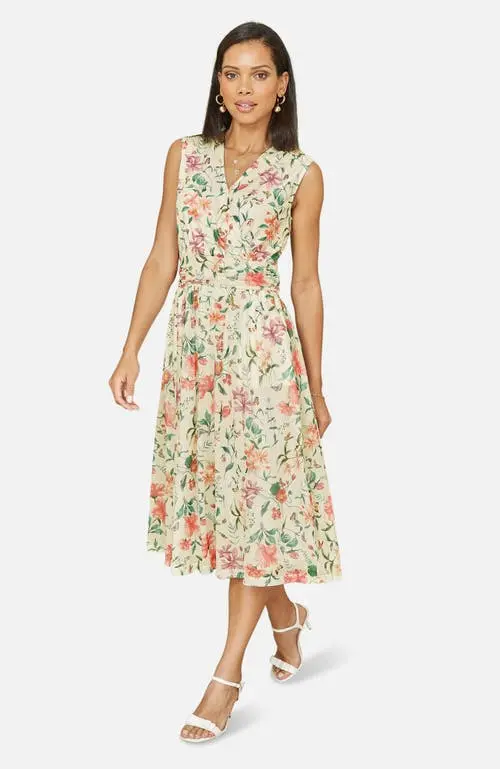 YUMI Floral Print Mesh Stretch Midi Dress - Ivory