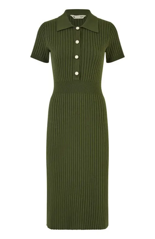 YUMI Fitted Rib Knitted Midi Dress - Green