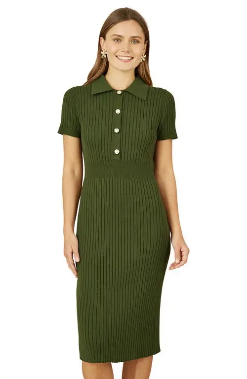 YUMI Fitted Rib Knitted Midi Dress - Green