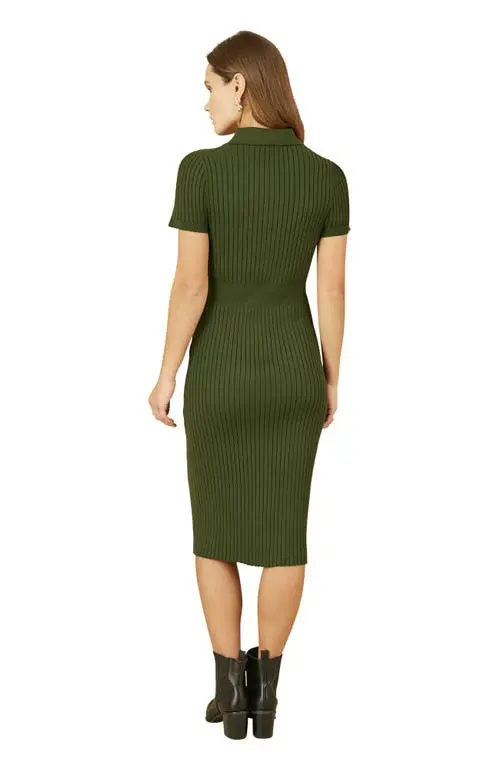 YUMI Fitted Rib Knitted Midi Dress - Green