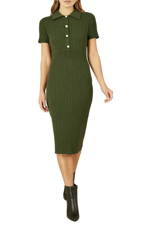 YUMI Fitted Rib Knitted Midi Dress - Green