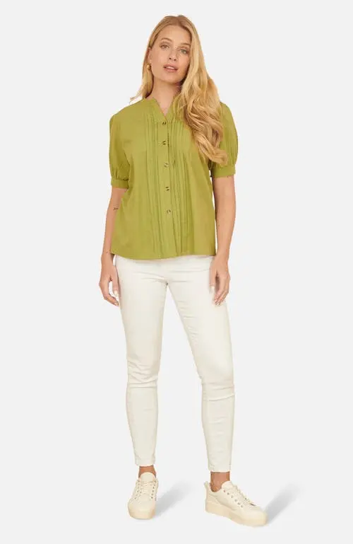 YUMI Cotton Pleated Short Sleeve Shirt - Green