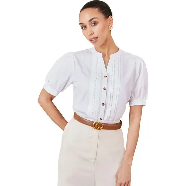 YUMI Cotton Pleated Short Sleeve Shirt - White