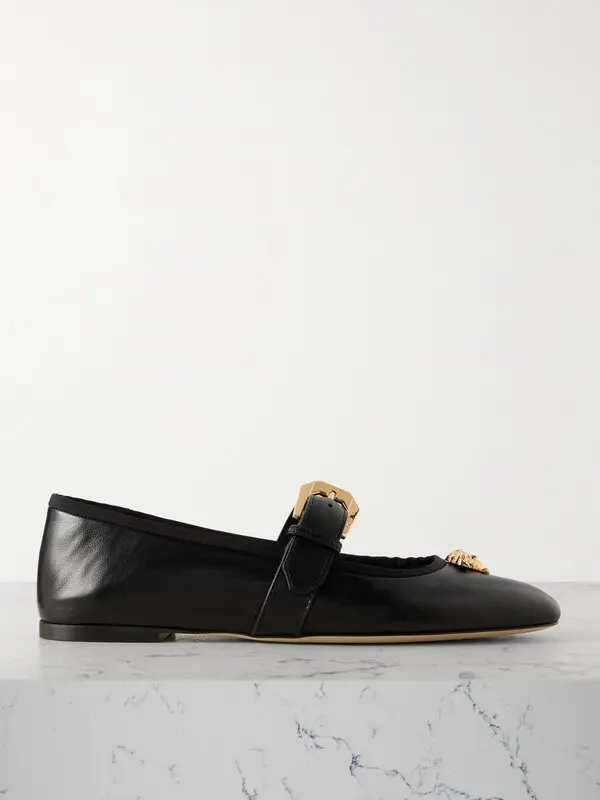 Versace Embellished Leather Ballet Flats - Black