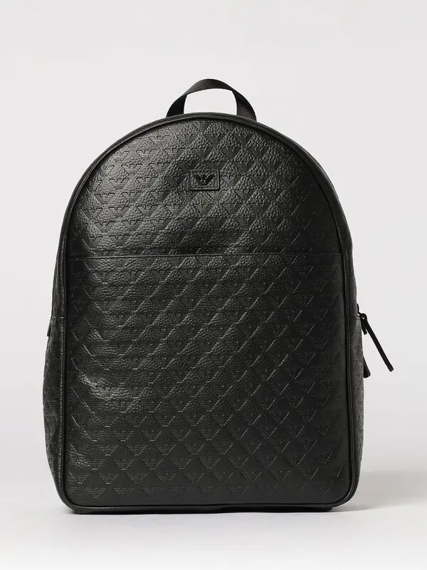 Emporio Armani Grained Leather Backpack With Embossed Monogram - Black