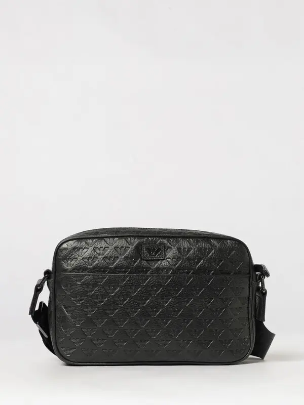 Emporio Armani Leather Messenger Bag With Embossed Eagle Logo And Logo Strap - Black