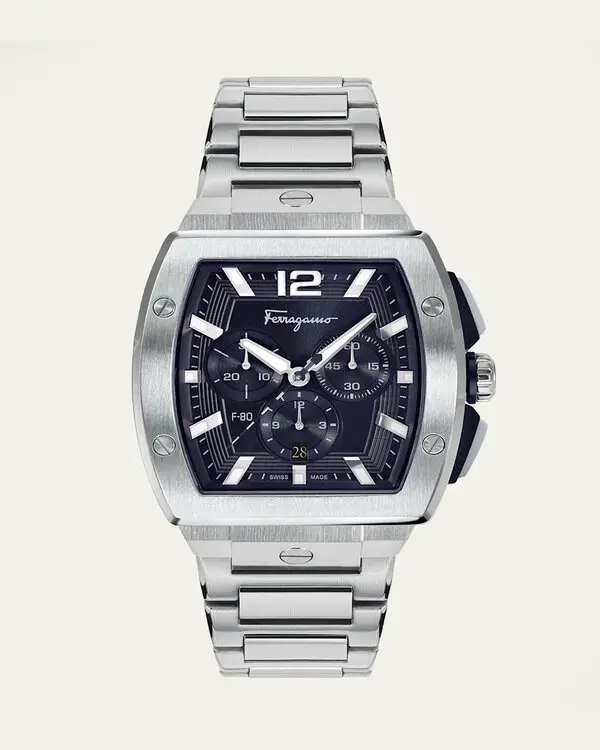 FERRAGAMO F-80 Tonneau Chronograph Stainless Steel Bracelet Watch - Blue Silver