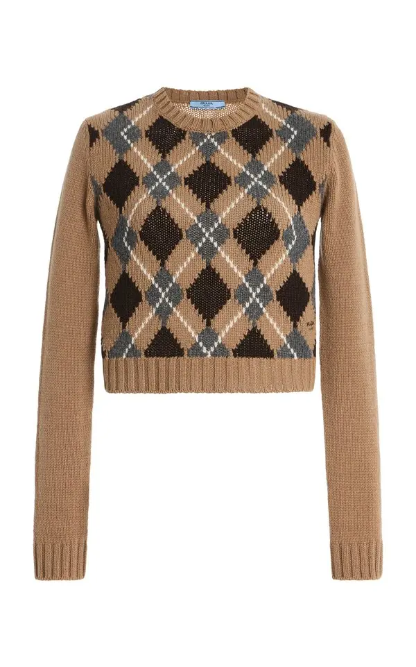 Prada Argyle Cashmere Cropped Sweater - Brown