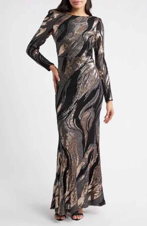 Vince Camuto Sequin Low Back Long Sleeve Gown