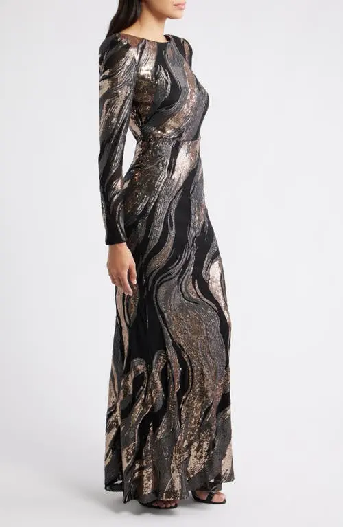 Vince Camuto Sequin Low Back Long Sleeve Gown
