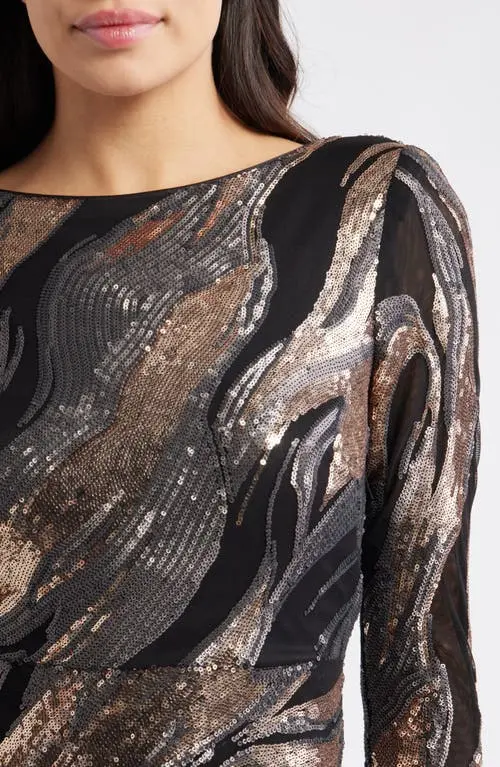 Vince Camuto Sequin Low Back Long Sleeve Gown