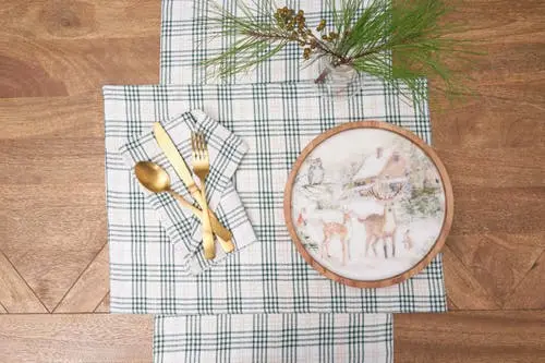 C&F HOME Sage & Gold Plaid 100% Cotton Christmas Table Runner 13" X 72