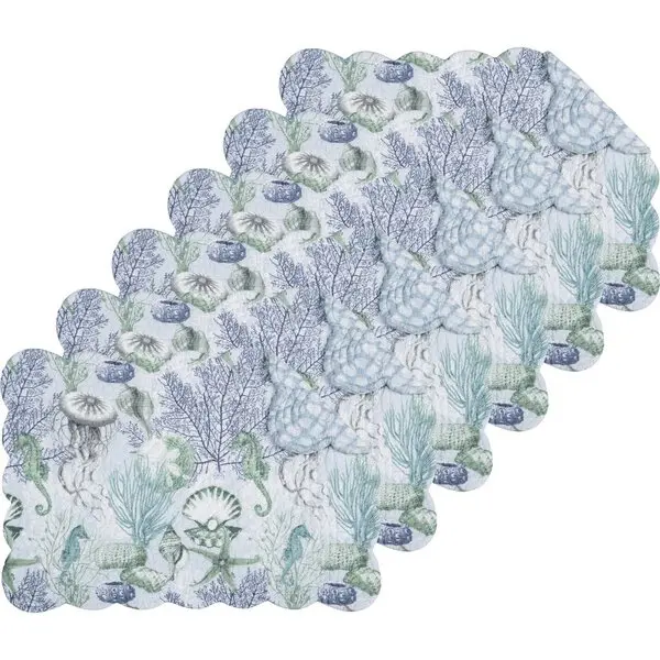 C&F HOME Shoreline Waters Scalloped Placemats Set Of 6 Nautical Design - Blue