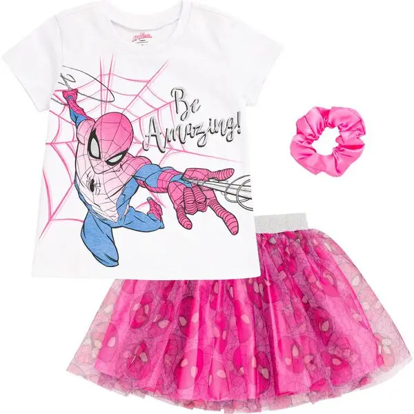 MARVEL Spider-man T-shirt, Skirt, And Scrunchie Set - White/pink