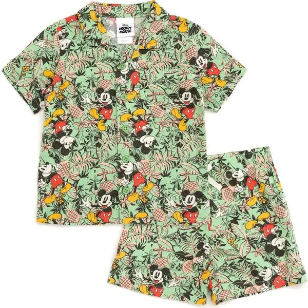 Disney Mickey Mouse Button-down Shirt And Shorts Set - Green