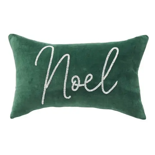 CAROL & FRANK Noel" Velvet Beaded 100% Cotton Mini Christmas Accent Pillow - Green