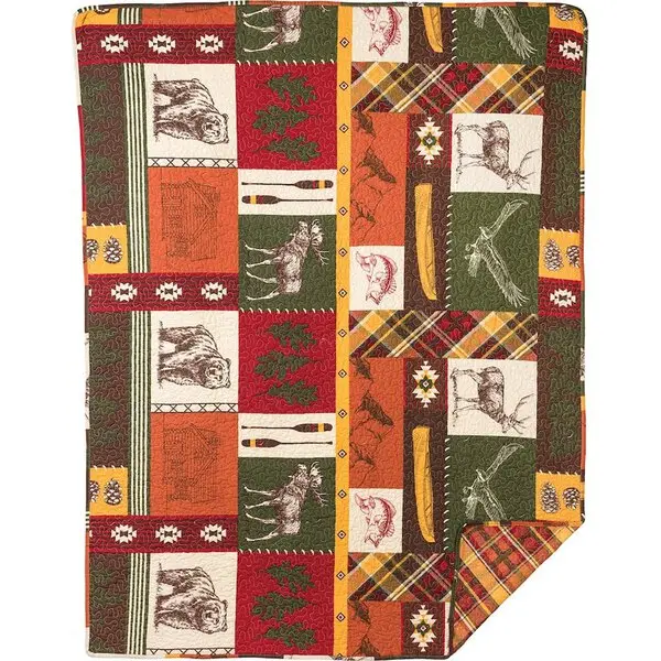 C&F HOME Keaton Forest Bear Deer Moose Patchwork Cotton Throw Blanket 48" X 60 - Orange