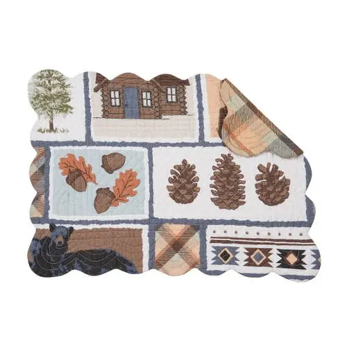 C&F HOME Oakley Maple Leaf Acorn Pinecone Black Bear Cabin Pine Trees Scalloped Placemats, Set Of 6 - Brown