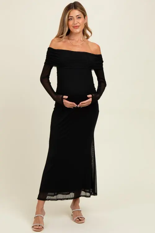 PINKBLUSH Mesh Overlay Off Shoulder Long Sleeve Midi Dress - Black