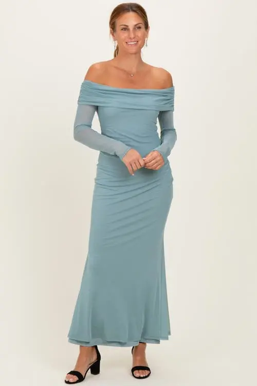 PINKBLUSH Mesh Overlay Off Shoulder Long Sleeve Midi Dress - Light Blue