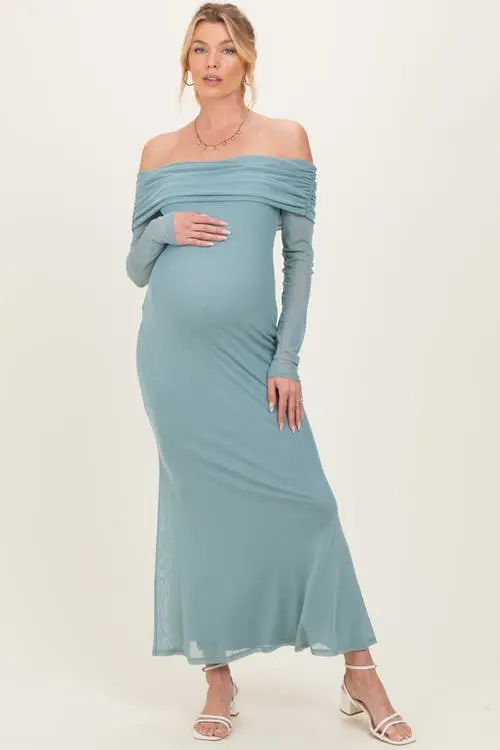 PINKBLUSH Mesh Overlay Off Shoulder Long Sleeve Midi Dress - Light Blue