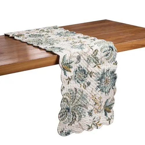C&F HOME Braganza Teal Rectangle Cotton Table Runner 14" X 51" Floral Design All Seasons Kitchen Dining Dinner Table Tablerunner Decor Decoration - Blue