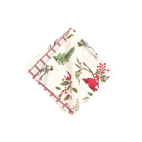C&F HOME Red Cardinal & Evergreen Sprigs 100% Cotton Set Of 6 Cloth Napkins - White