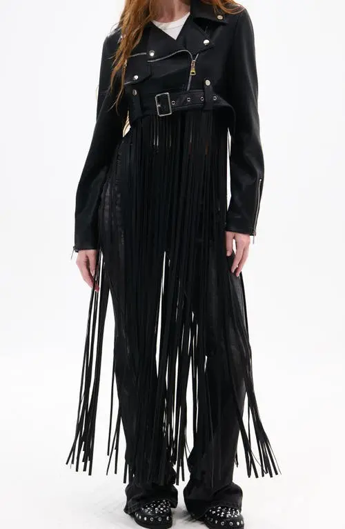 AZALEA WANG Fringe Faux Leather Moto Jacket