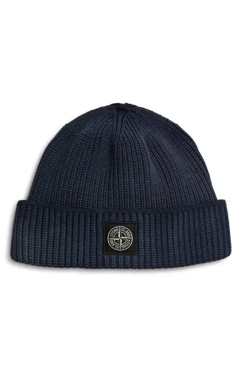 Stone Island Compass Logo Patch Ribbed Beanie - V0020 Navy Blue