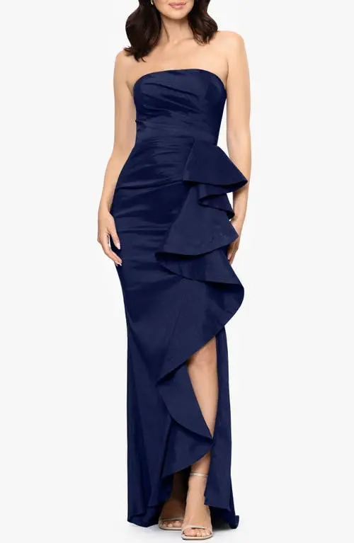 Betsy & Adam Strapless Cascade Ruffle Gown - Navy