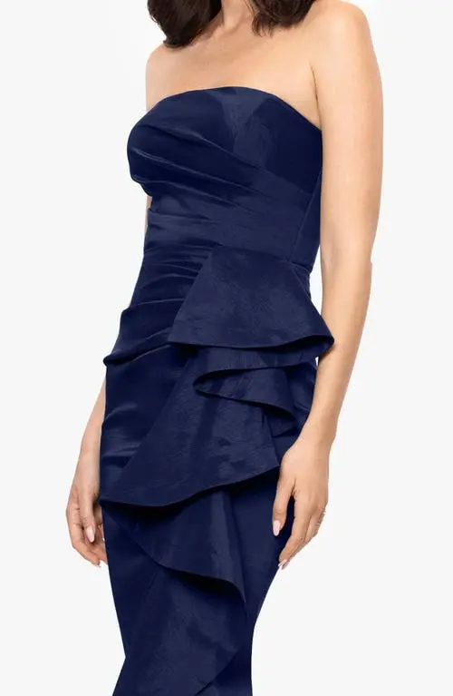 Betsy & Adam Strapless Cascade Ruffle Gown - Navy