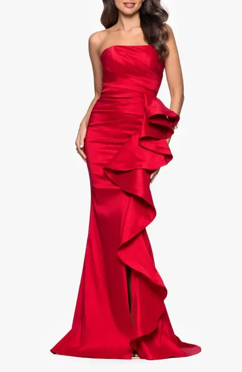 Betsy & Adam Strapless Cascade Ruffle Gown
