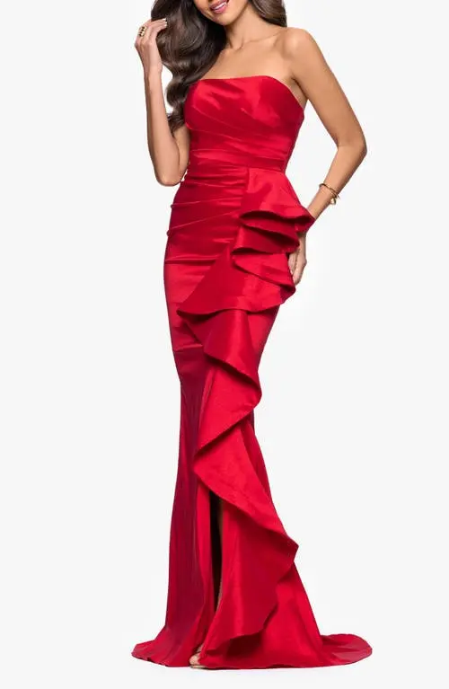 Betsy & Adam Strapless Cascade Ruffle Gown