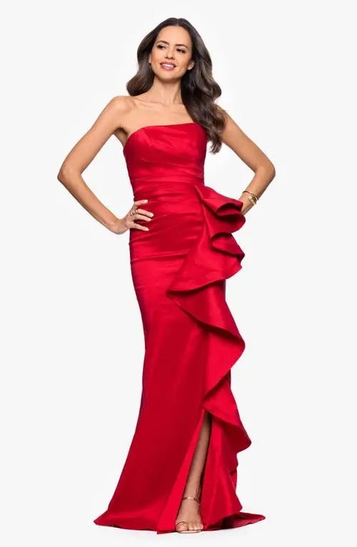 Betsy & Adam Strapless Cascade Ruffle Gown